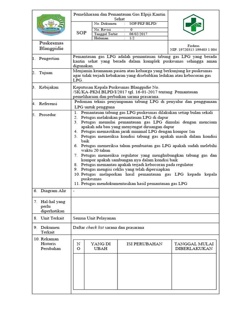 E.P 8.5.1.2 sop Pemeliharaan dan Pemantauan Gas Elpiji Kantin Sehat | PDF