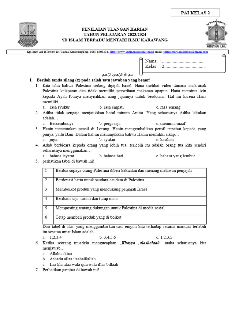 Penilaian Ulangan Harian PAI Kelas 2 | PDF