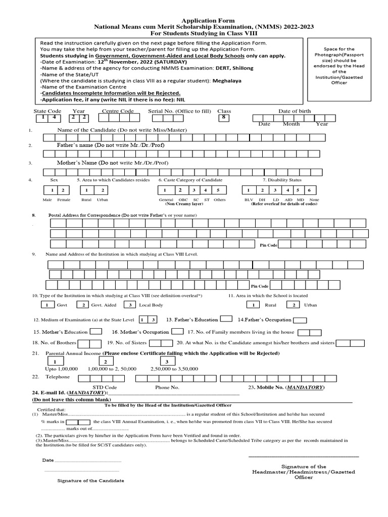 NMMS Class VIII Application Form 2022-23 | PDF