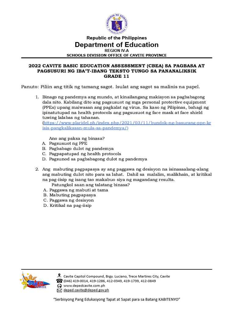 E CBEA Pagbasa Grade 11 1 | PDF