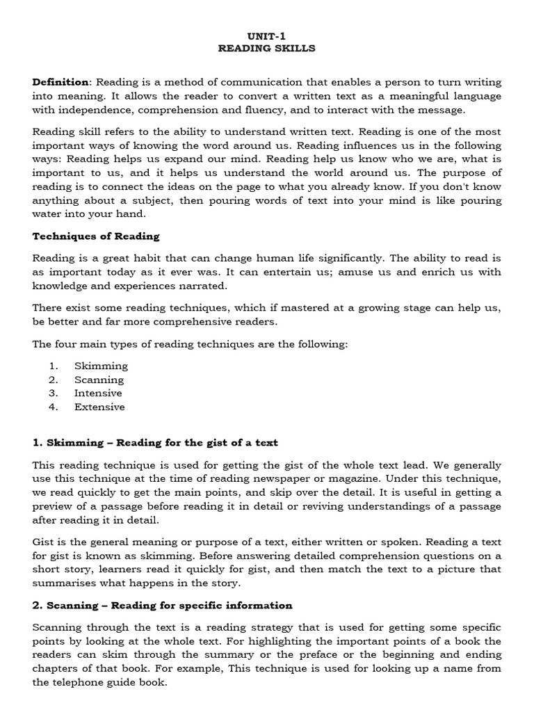 UNIT-1 Reading Skills | PDF | Reading Comprehension | Adjective