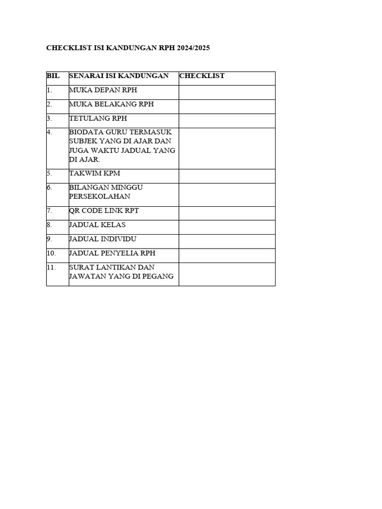Checklist Senarai RPH | PDF