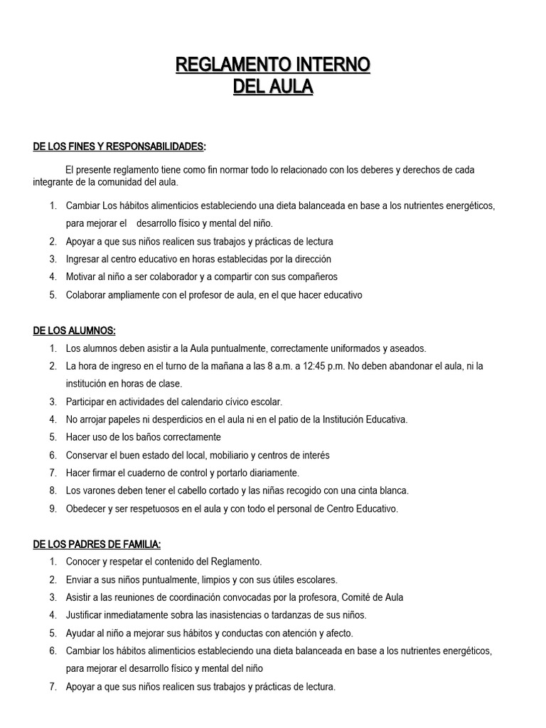 REGLAMENTO INTERNO DEL AULA | PDF | Salón de clases | Maestros