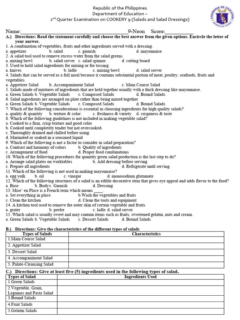 Tle 9 Cookery 2nd Quarter Exam Salads and Dressings | PDF