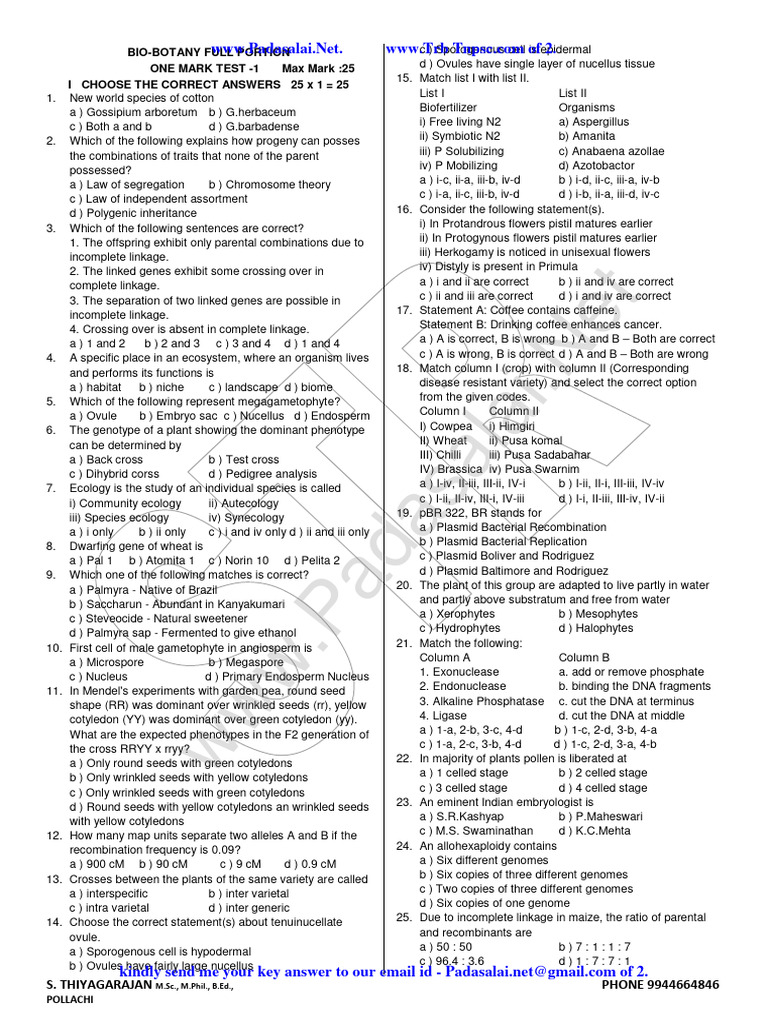 12th Biology 1 Mark Questions and Answer Key English Medium PDF ...