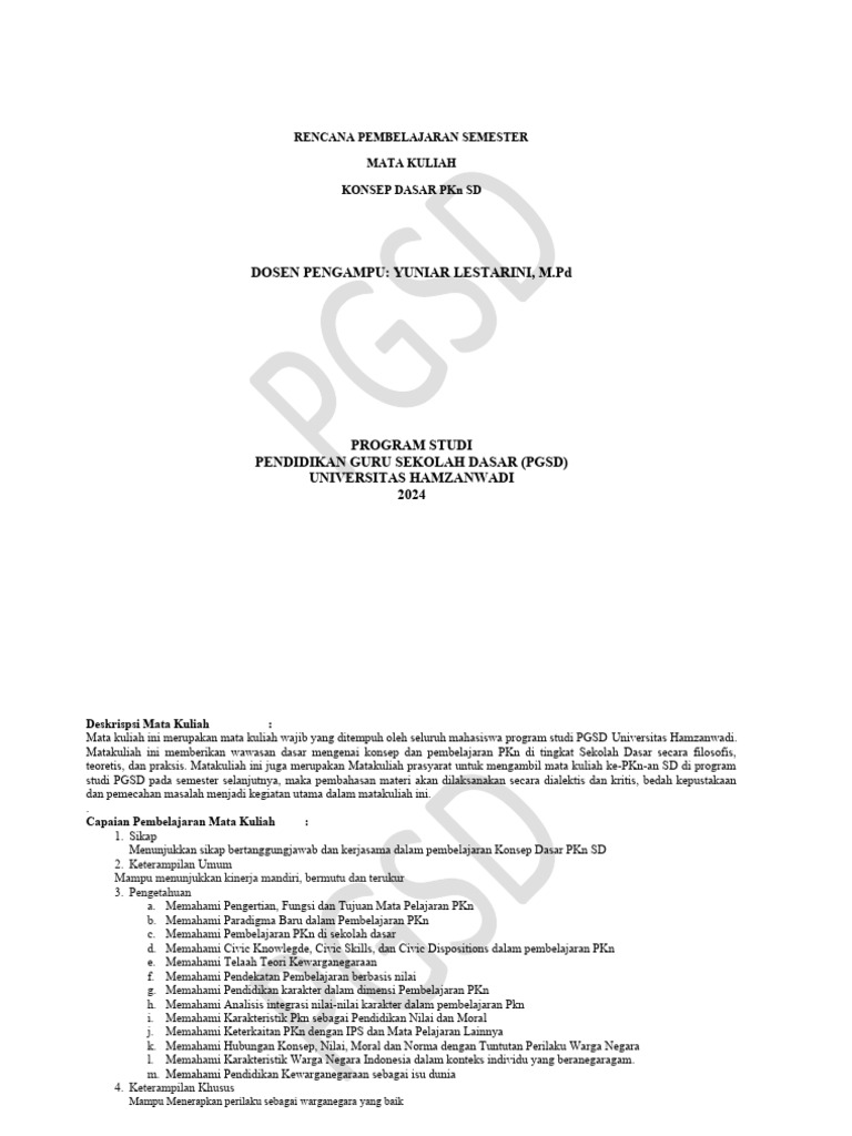 RPS-Konsep Dasar PKN | PDF