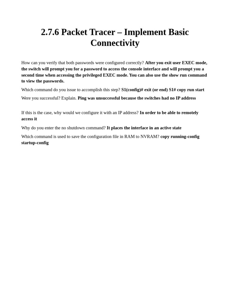 2.7.6 Packet Tracer - Implement Basic Connectivity | PDF | Computers