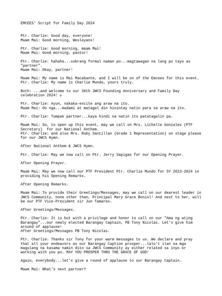 Family Day 2024 Emcee Script | PDF | Career & Growth | Language Arts ...