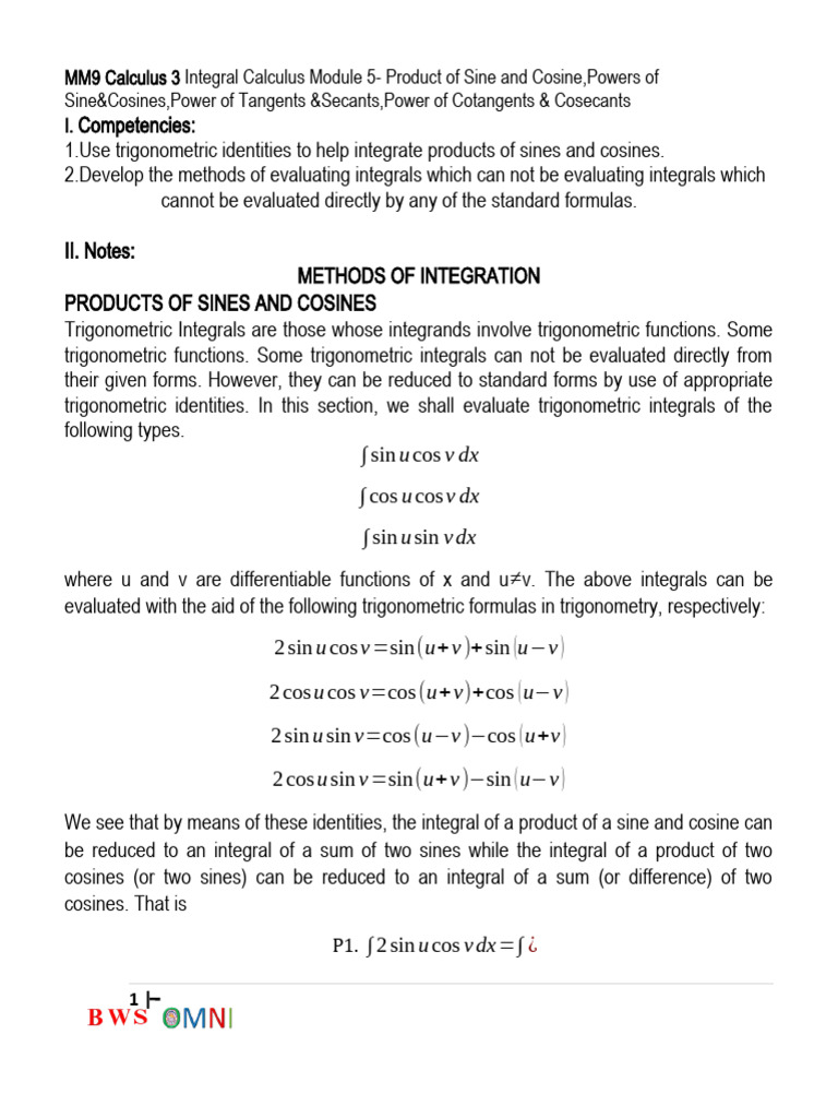 OMNI5 2ndsem2022 Module5 MM9Integral Calculus 1 | PDF | Trigonometric Functions | Calculus