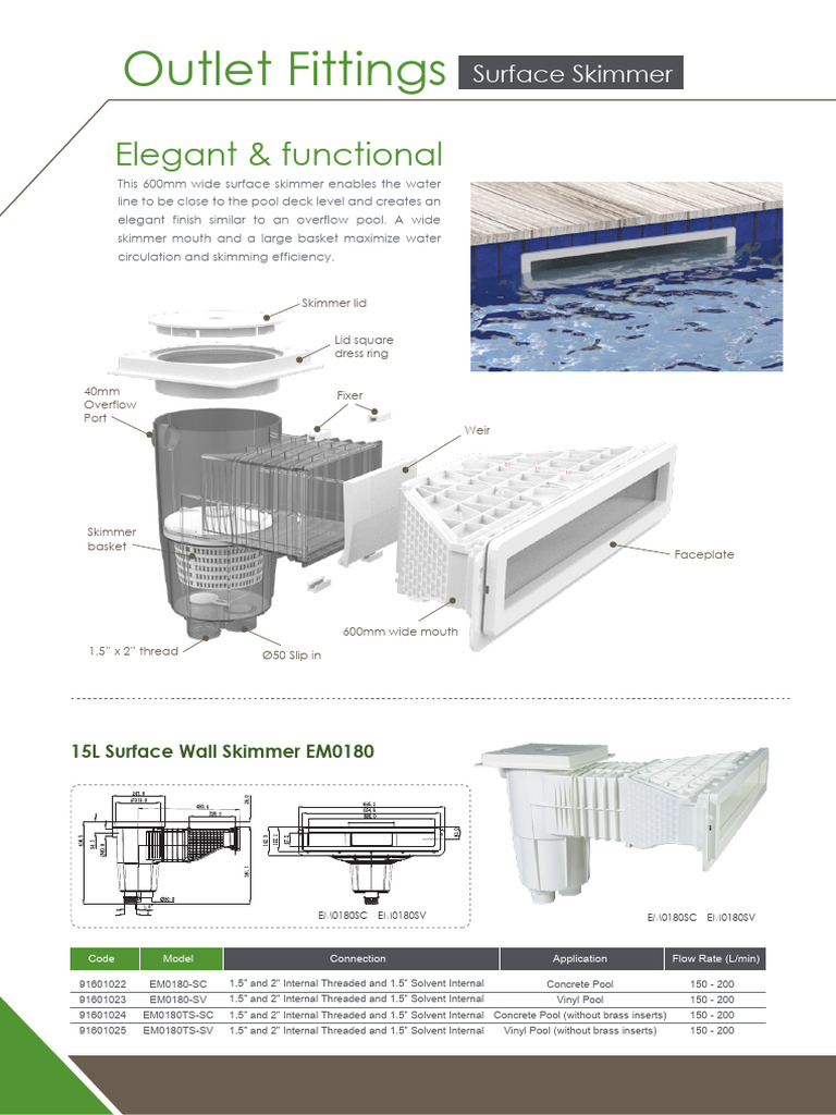 Pool Fittings Surface Skimmer EM0180 Brochure En-R | PDF