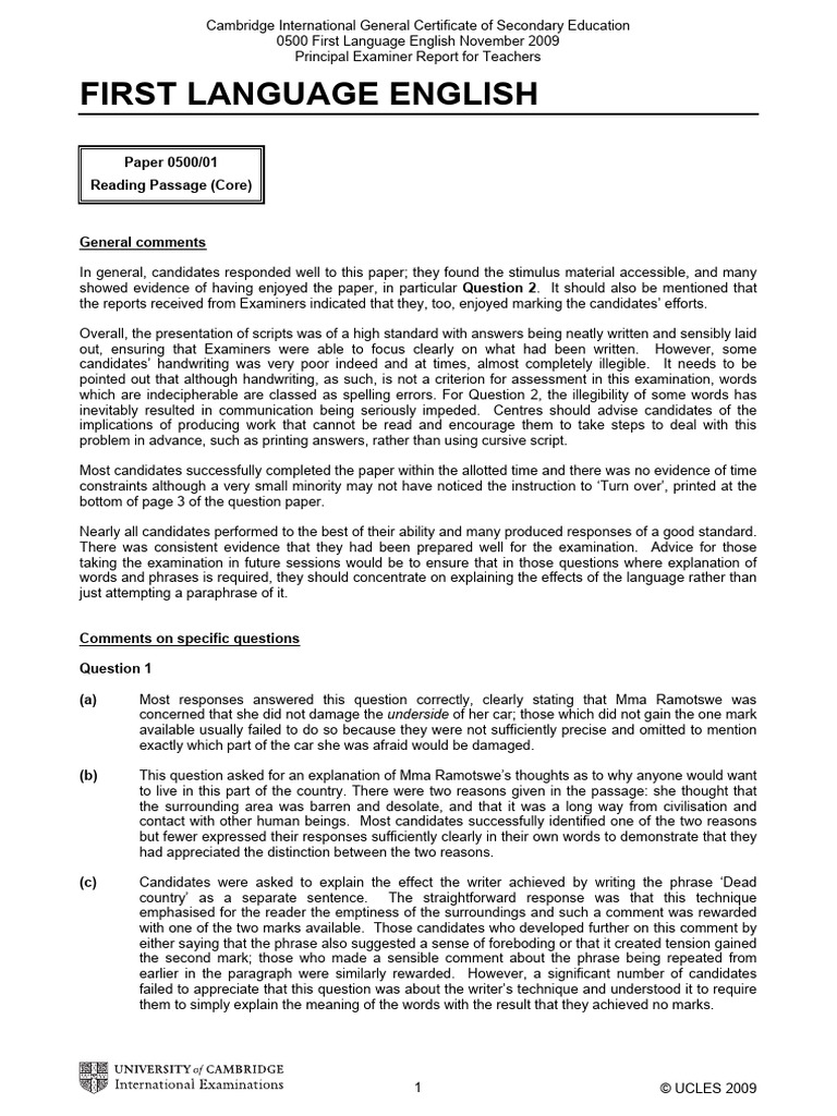 Cambridge IGCSE English Report 2009 | PDF | Thought | Question