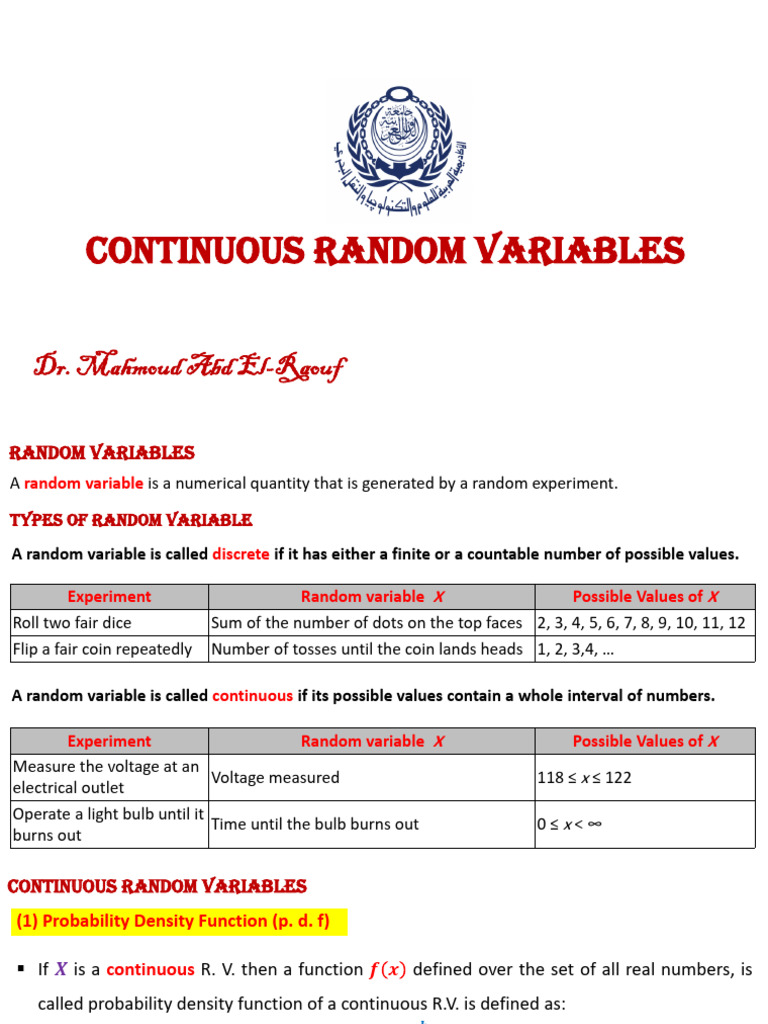 6-Continuous Random Variable | Download Free PDF | Random Variable | Probability Distribution