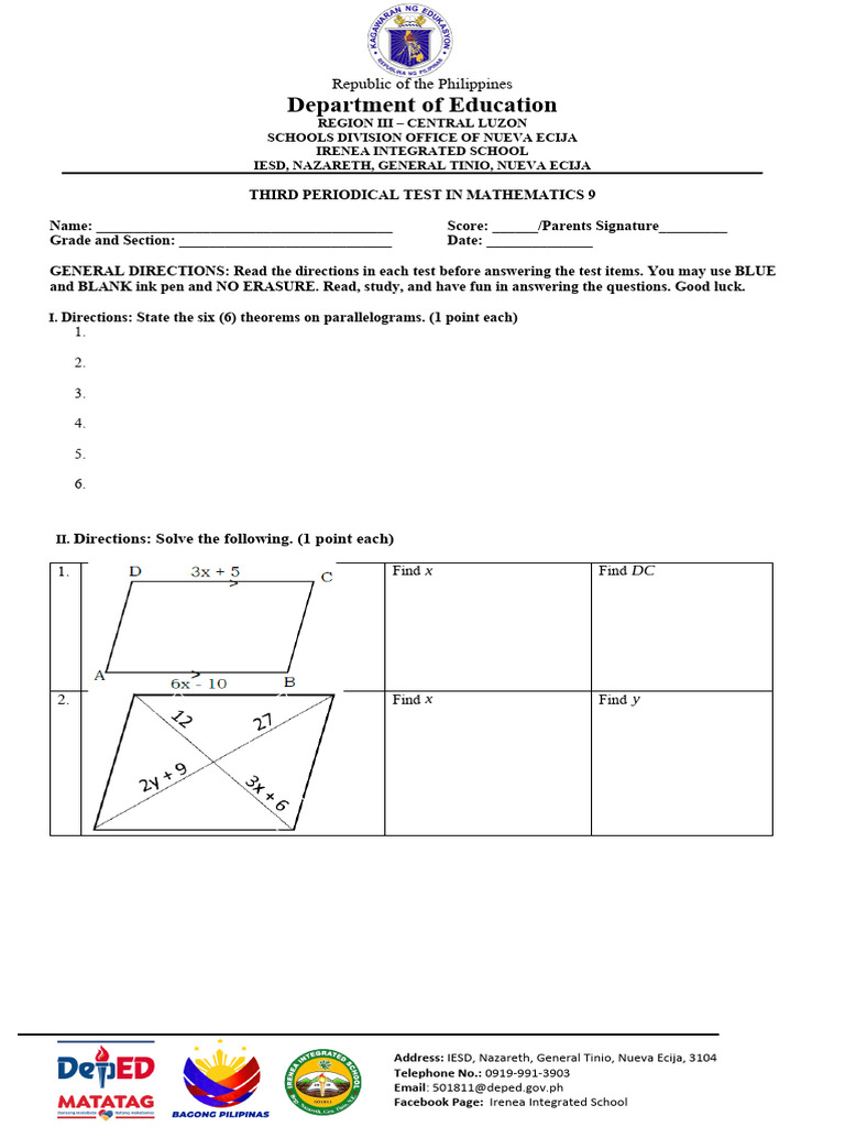 q3 Math9 Exam | PDF | Mathematics