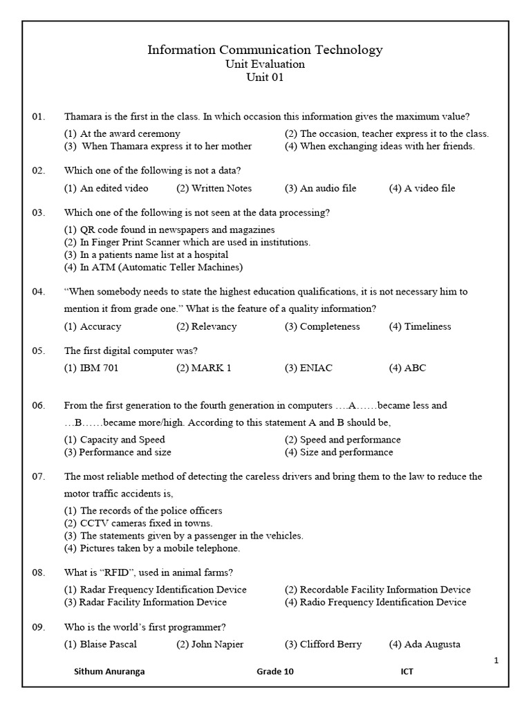 Grade 10 ICT Unit 1 Evaluation Quiz | PDF | Computer Engineering ...