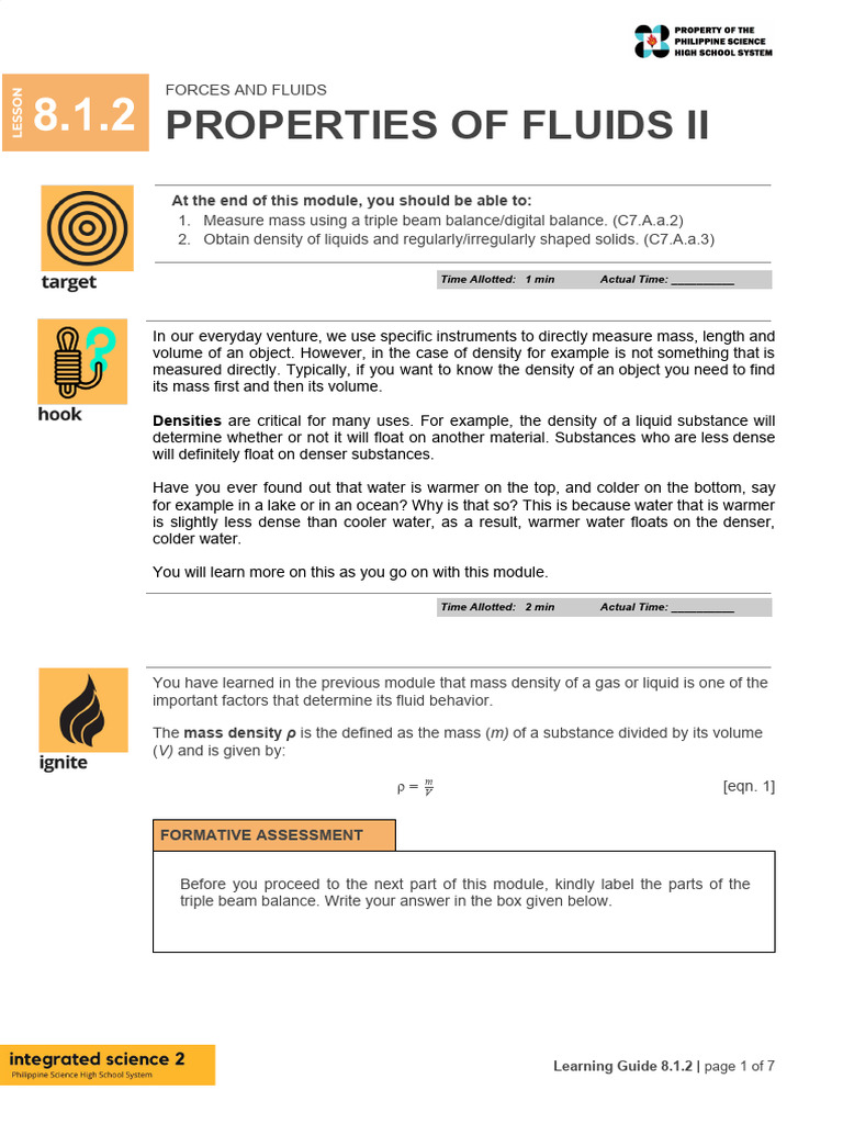 SLG 8.1.2 Properties of Fluids II | PDF | Density | Weighing Scale