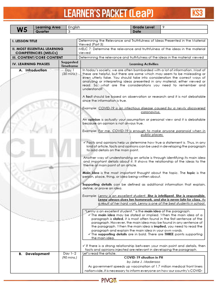 English 9 Q3 Week 5 | PDF | Knowledge | Relevance