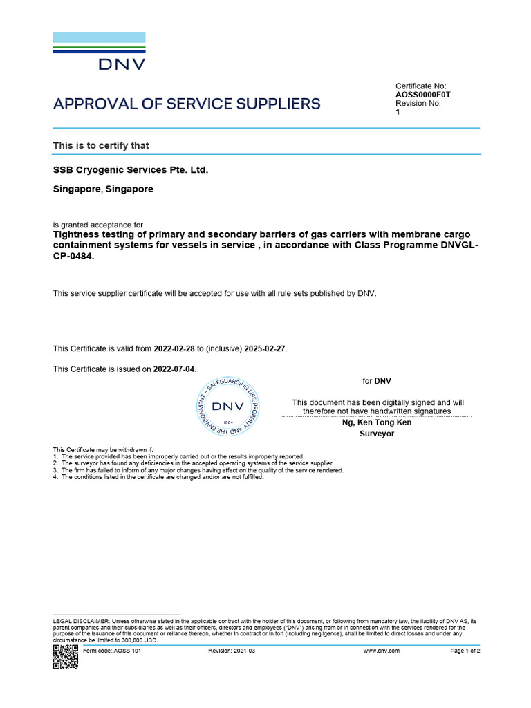 DNV Certificate for Gas Carrier Testing | PDF | Civil Law (Legal System ...