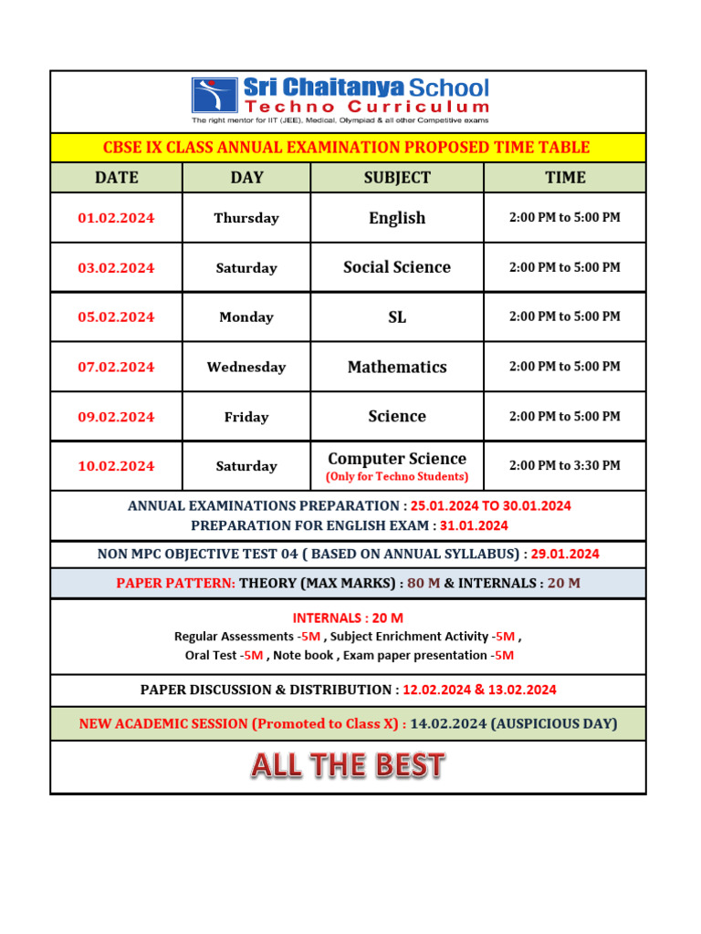Class 9 Annual Exam Time Table 2024 | PDF