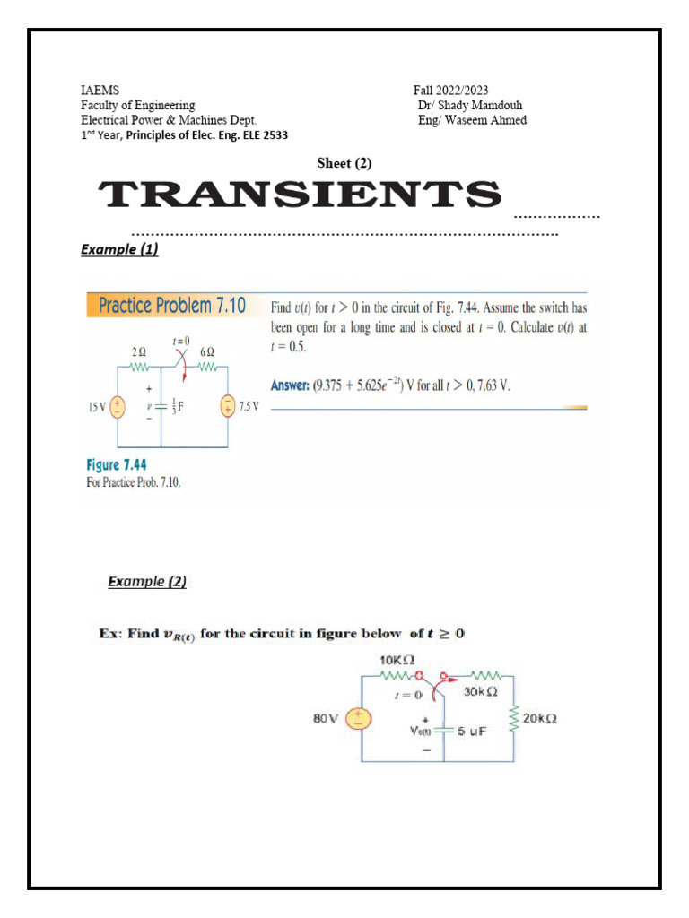 Sheet 2 Transients Dc Circuit Pdf