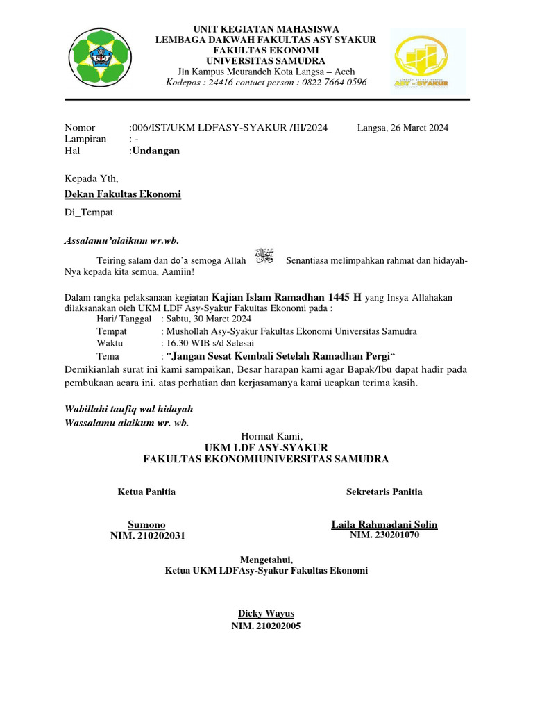 UNDANGAN - Dan - SURAT - PINJAM - PAKAI - ACARA - KAJIAN ISLAM RAMADHAN - 2024 ! | PDF