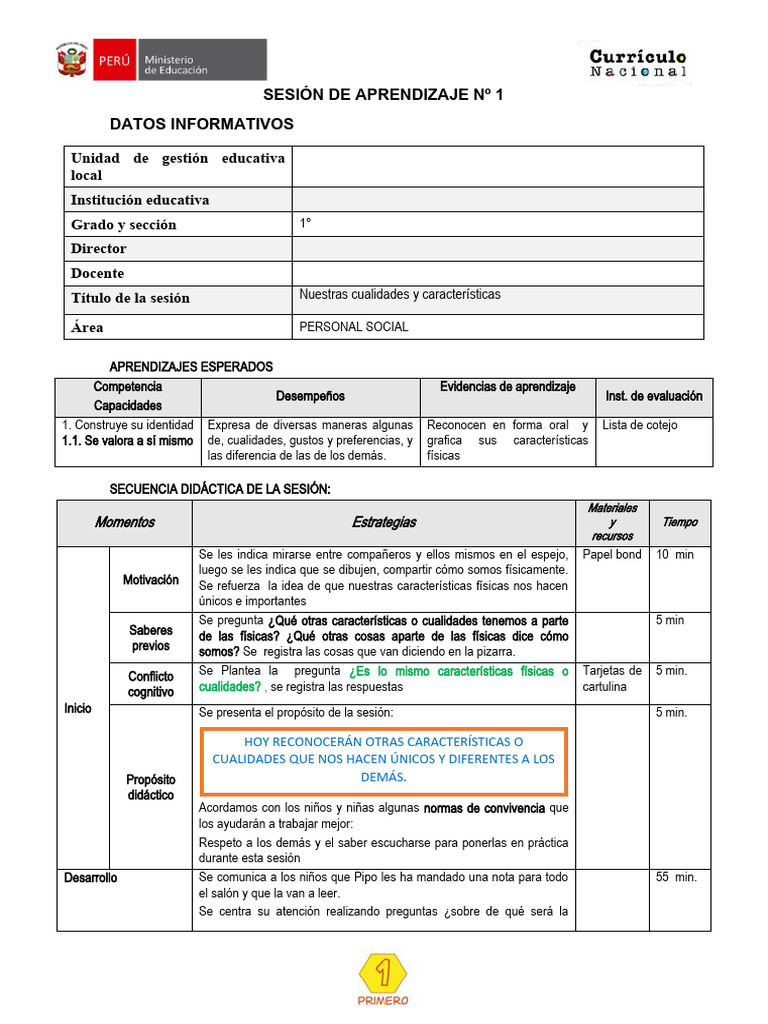 Sesion de Aprendizaje N°1 - PS | PDF | Aprendizaje | Evaluación