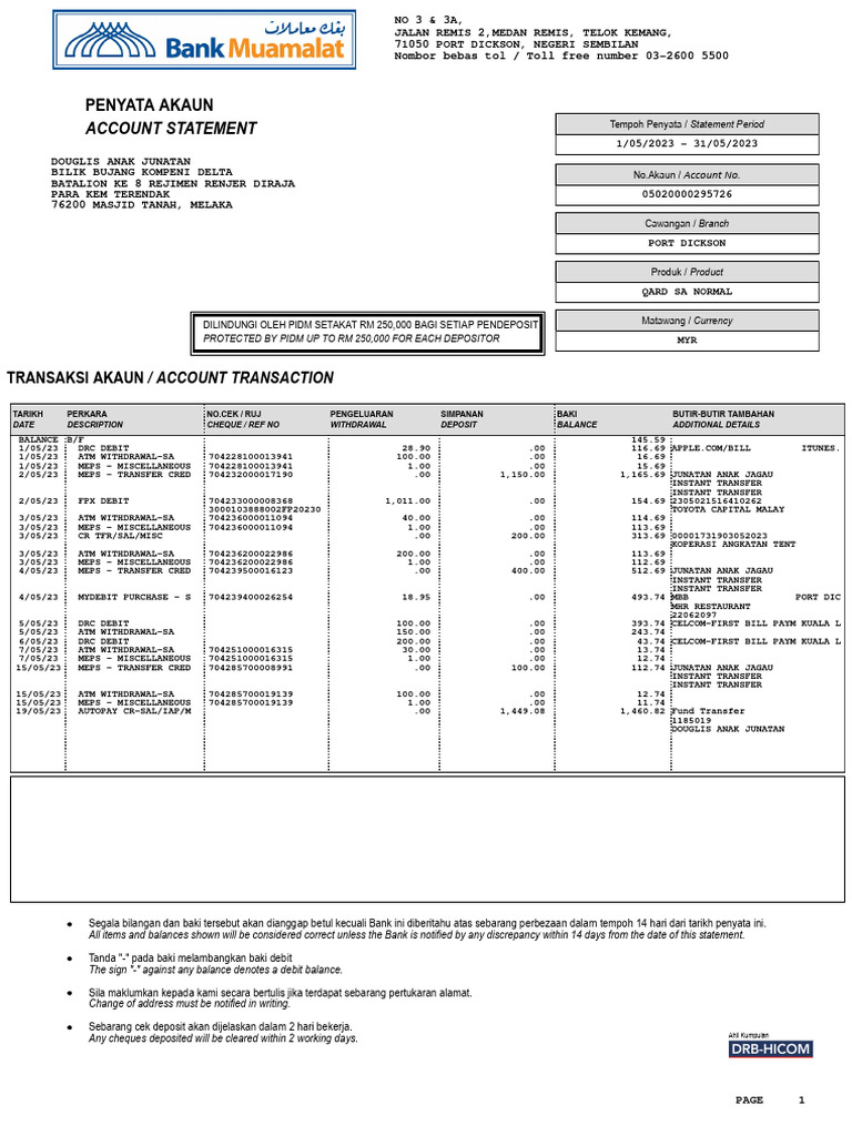 Account Statement: Penyata Akaun | PDF | Debit Card | Cheque