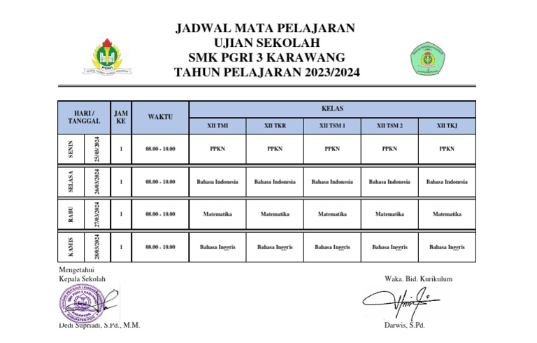 Jadwal Mata Pelajaran Ujian Sekolah Tp.2023-2024 | PDF