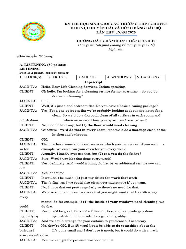 Chuyên Hoàng Lê Kha - Đáp Án - Tiếng Anh 10 | PDF | Teachers | Meat