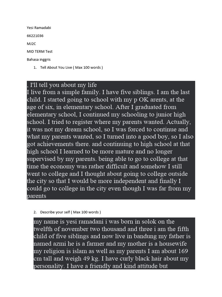 Yesi Ramadabi 66221036 Mj2C Mid Term Test Bahasa Inggris 1. Tell About ...