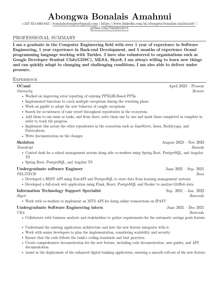 Abongwa Bonalais Amahnui: Professional Summary | PDF | Postgre Sql | Cloud Computing
