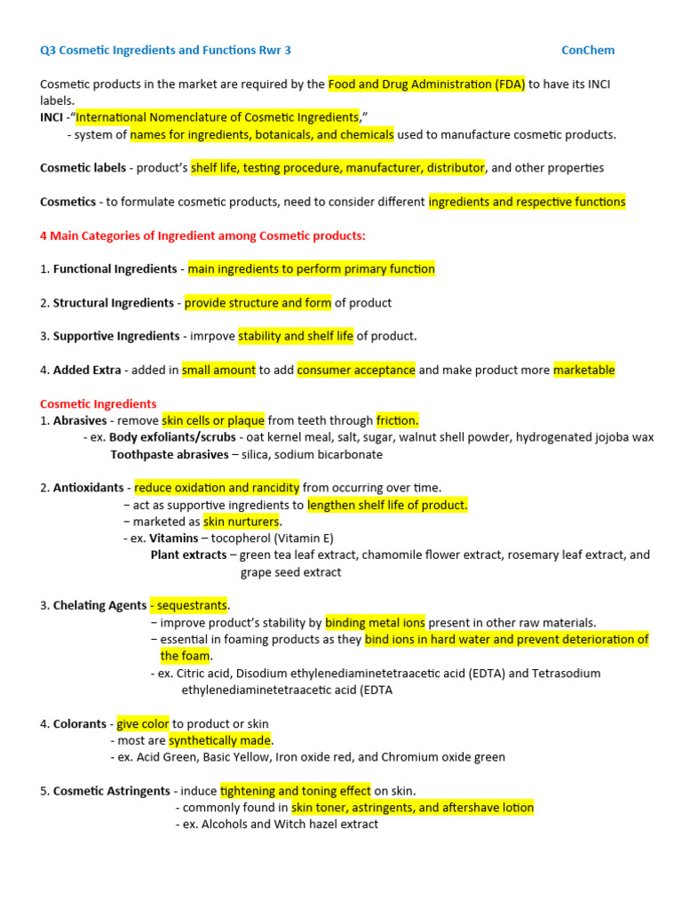 Q3 ConChem Cosmetic Ingredient and Function | PDF | Ethylenediaminetetraacetic Acid | Surfactant