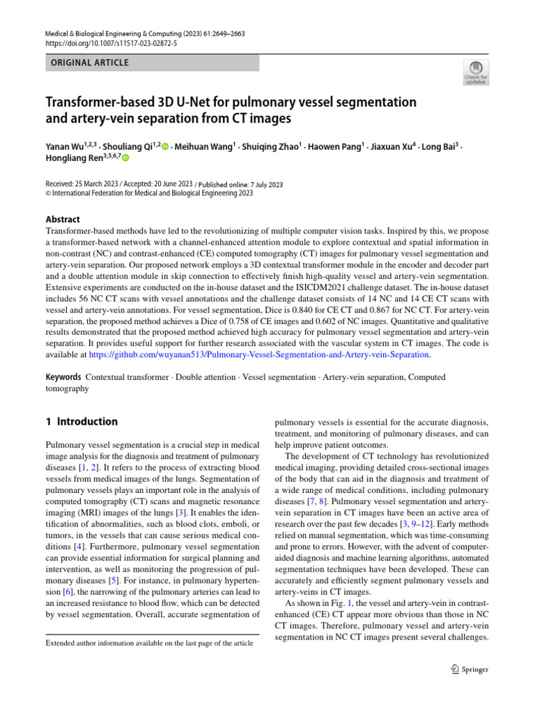 Transformer Based 3D U Net For Pulmonary Vessel Segmentation and Artery Vein Separation From CT ...
