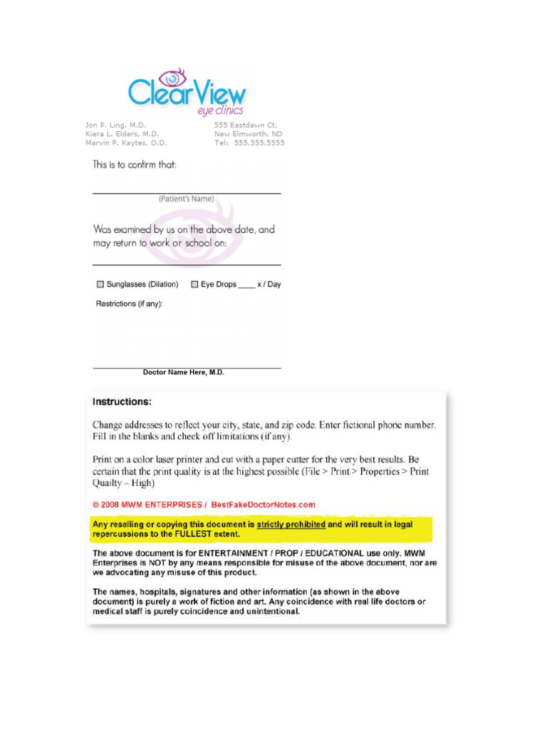 Eye Doctor Note (Unsigned) | PDF