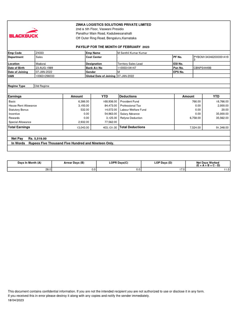 Pay Slip - Z4333 - Feb-23 | PDF | Taxation | Public Finance