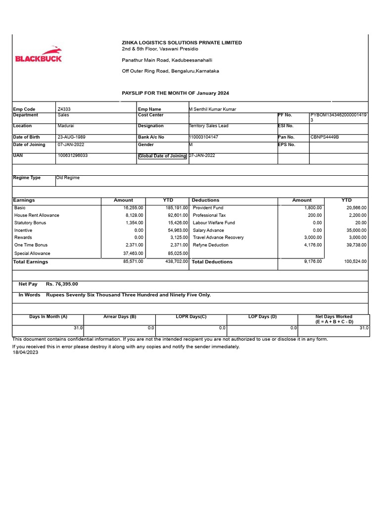 January 2024 Salary Slip - Zinka Logistics | PDF | Taxation | Public ...