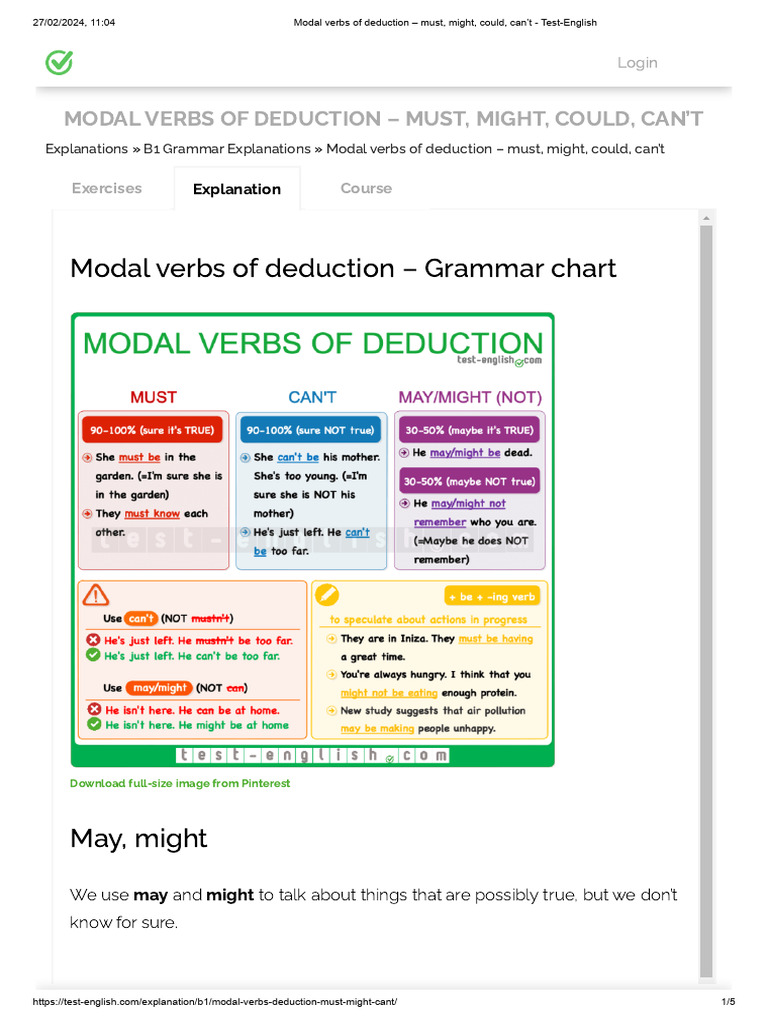 Modal Verbs of Deduction - Must, Might, Could, Can't - Test-English ...