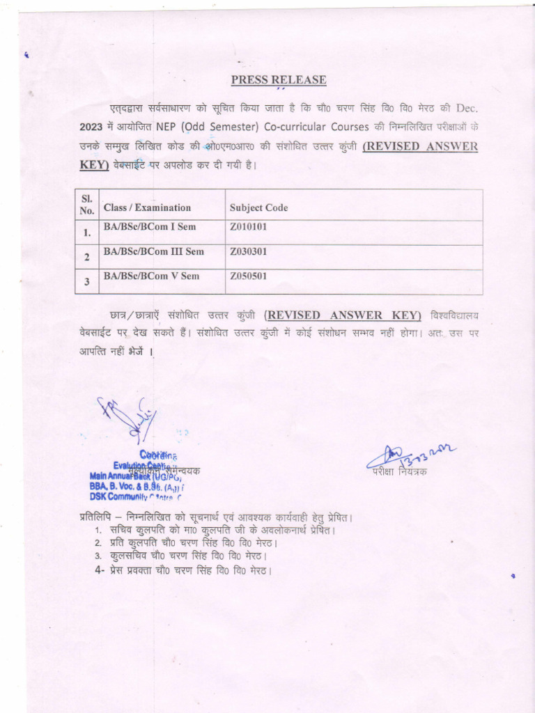 NEP B.A B.Sc. B.Com (Odd Semester) Co-Curricular Courses Dec - 2023 Revised OMR Answer Key and ...