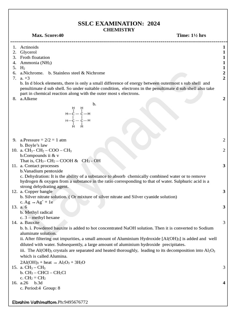 SSLC 2024 Chemistry Exam Overview | PDF | Hydroxide | Aluminium