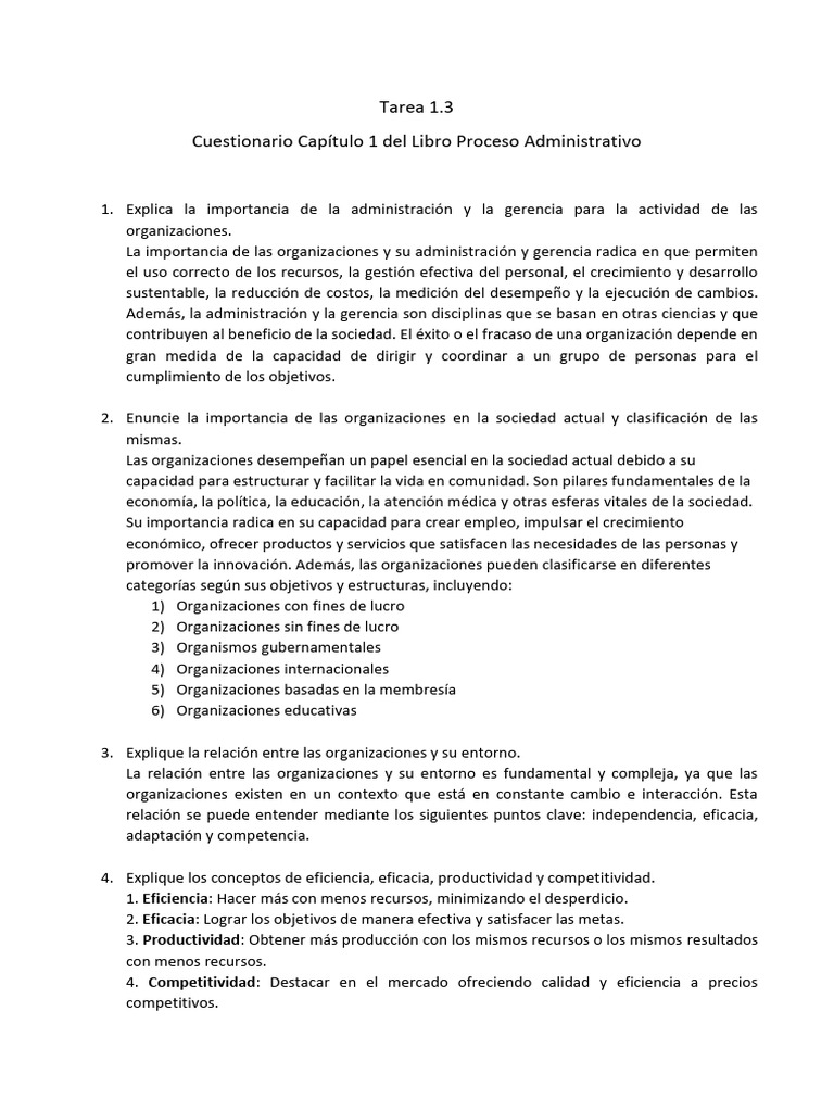 1.3 Cuestionario Cap1 Libro Proceso Administrativo | PDF | Sociedad | Negocios económicos