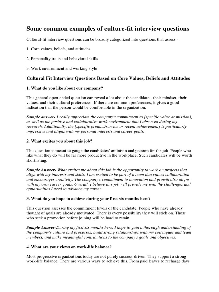 Cultural Fit Interview Questions and Sample Answers | Download Free PDF ...