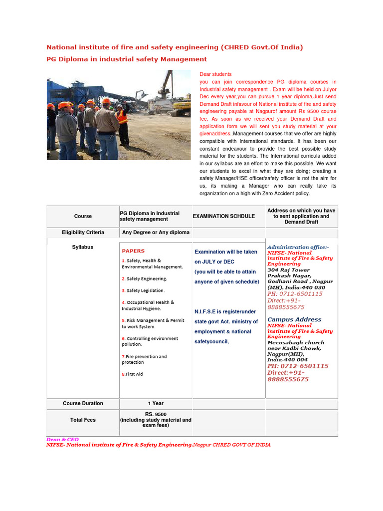 PG Diploma in Industrial Safety Management | PDF | Occupational Safety And Health | Safety