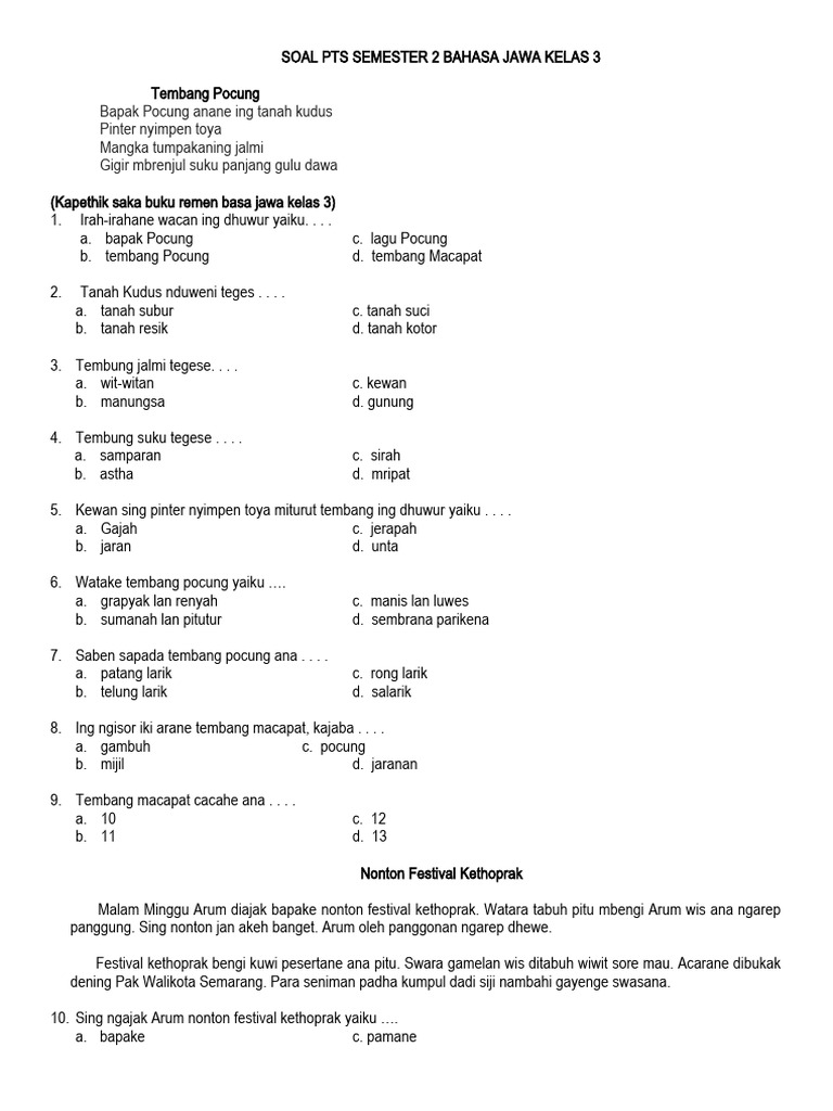 SOAL PTS SEMESTER 2 BAHASA JAWA KELAS 3 | PDF