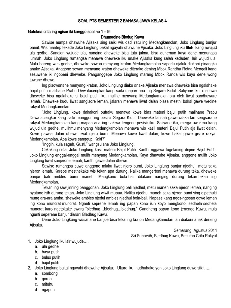 Soal PTS Semester 2 Bahasa Jawa Kelas 4 | PDF