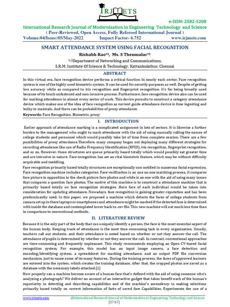 Smart Attendance System Using Facial Recognition | PDF