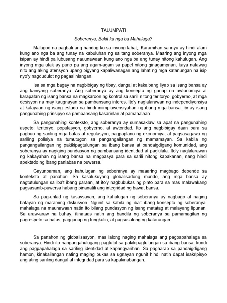 Soberanya Bakit Ka Nga Ba Mahalaga TALUMPATI | PDF