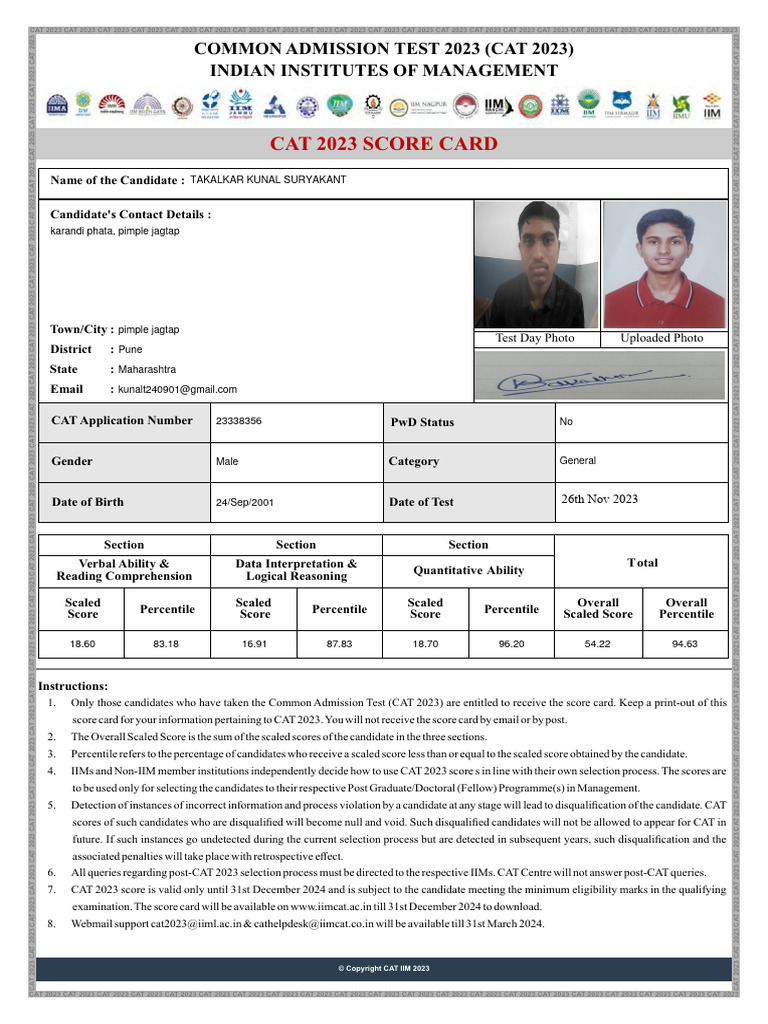 Cat 2023 Score Card: Common Admission Test 2023 (Cat 2023) Indian ...
