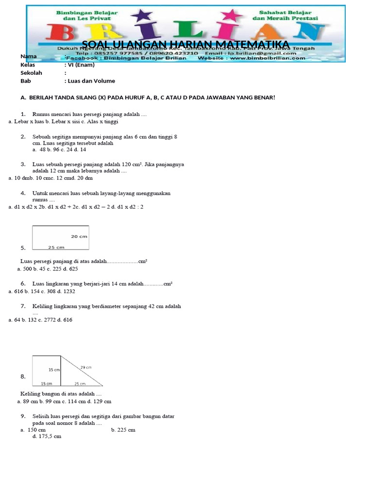 Soal Matematika Kelas 6 SD Bab 3 Luas Dan Volume Dan Kunci Jawaban | PDF | Metode & Bahan Ajar ...
