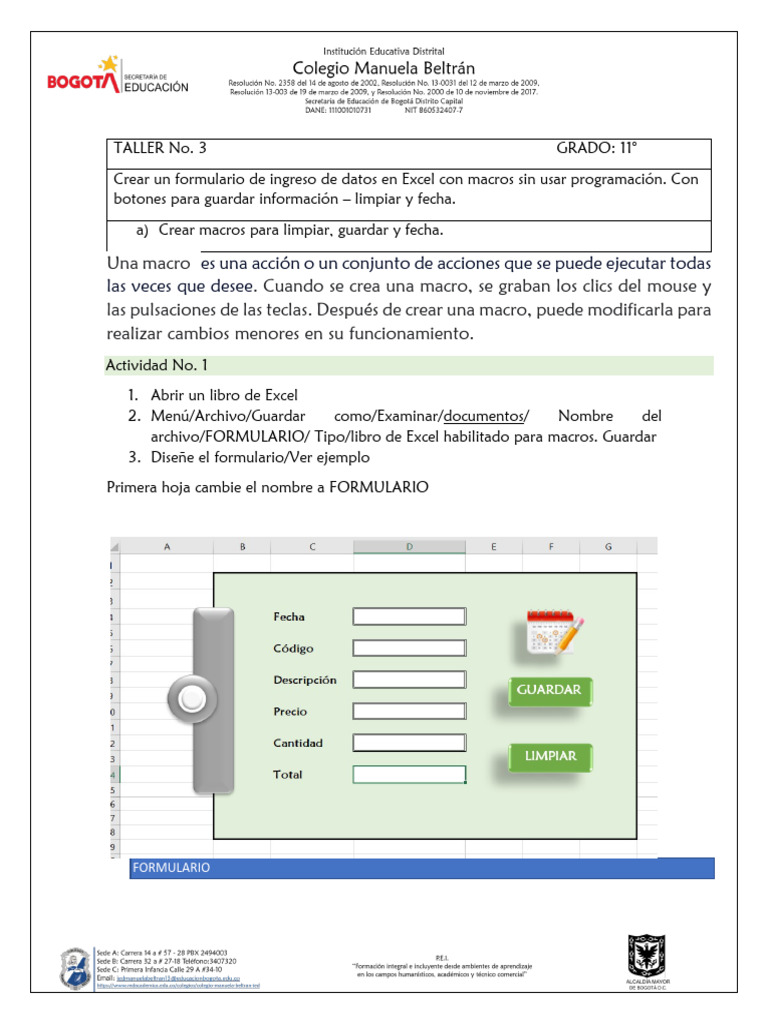 Taller 3 Formulario Macros | PDF | Macro (informática) | Microsoft Excel