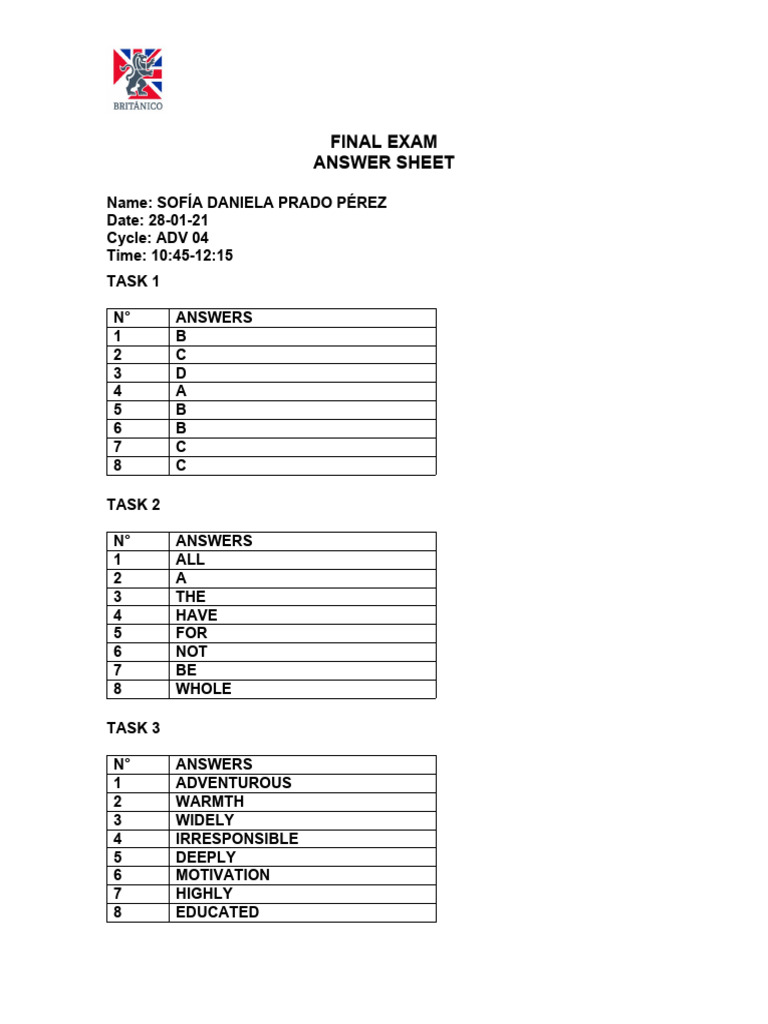 Final Exam Answer Sheet - ADV 04 | PDF | Language Arts & Discipline