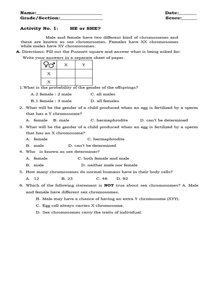 Activity On Sex Linked Traits Pdf Sex Male